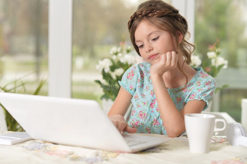 Cute and Happy Little Girl Children Using Laptop Computer Stock Image ...