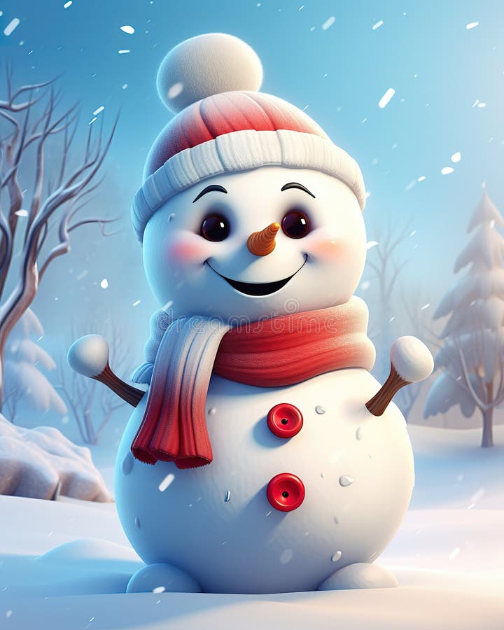 Cute Happy Little Snowman in Winter, Realistic Style Stock Illustration ...