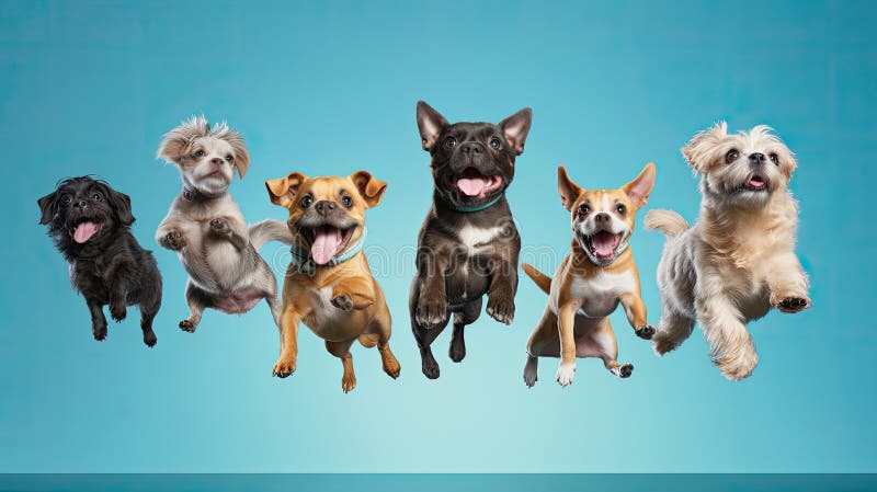Cute Happy Pets Dogs Jumping, Flying on Yellow Studio Background, Ai ...