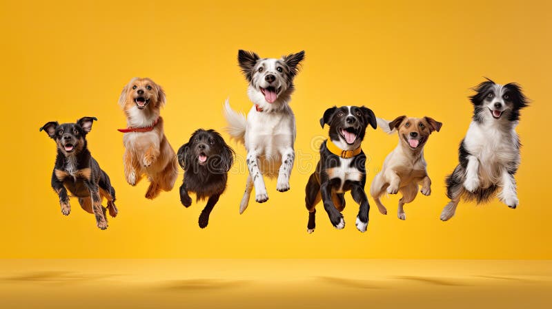 Cute Happy Pets Dogs Jumping, Flying on Yellow Studio Background, Ai ...