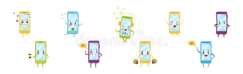 Cute Happy Smartphone Character Engaged in Different Activity Vector ...