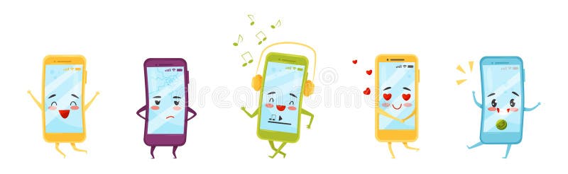 Cute Happy Smartphone Character Engaged in Different Activity Vector ...