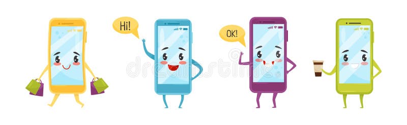 Cute Happy Smartphone Character Engaged in Different Activity Vector ...