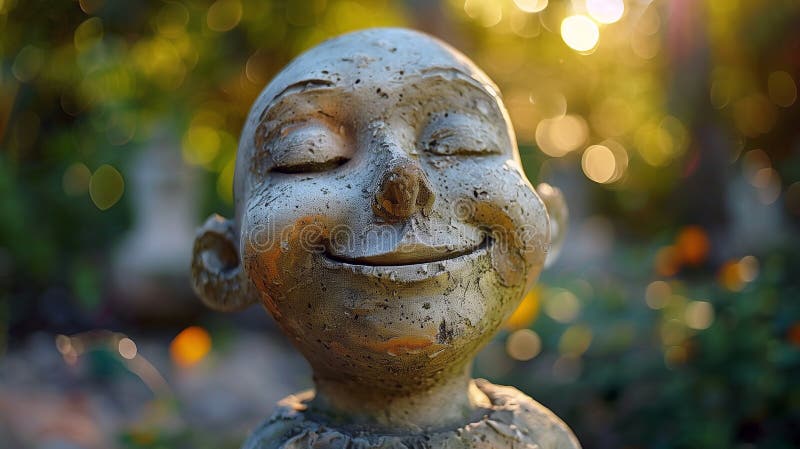 A Cute and Happy Stone Sculpture, Smiling with Closed Eyes, with a ...