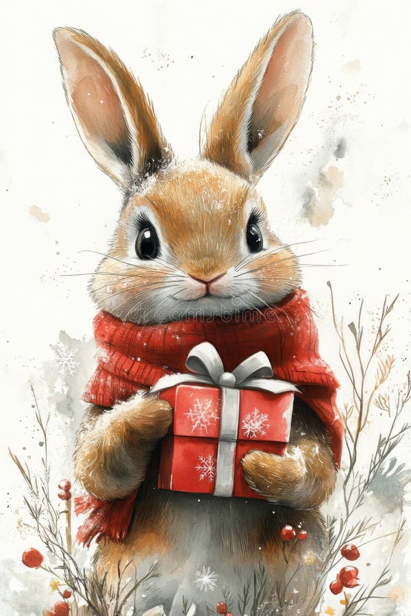 Cute Hare with Gift, Watercolor Illustration. Generated by AI Stock ...