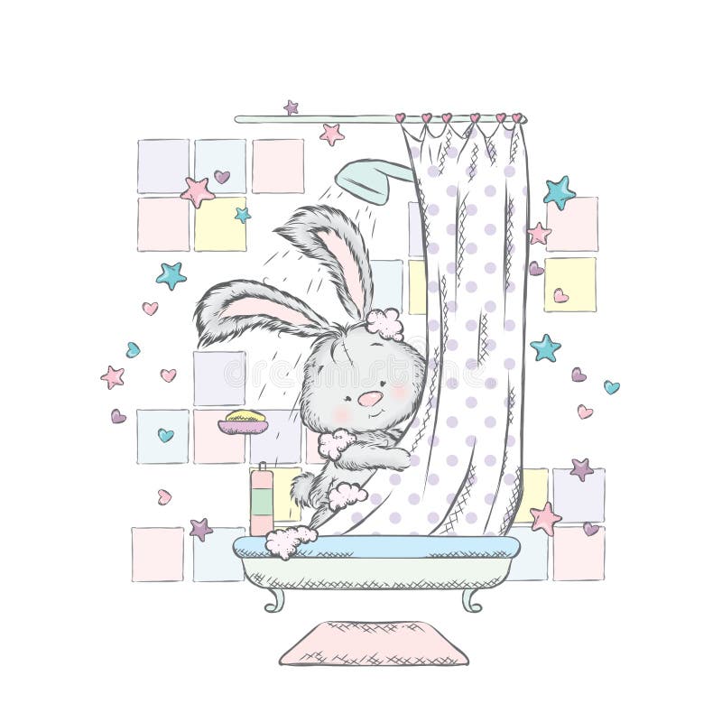 Cute Hare in the Shower. Vector Illustration. Rabbit is Bathed in the ...
