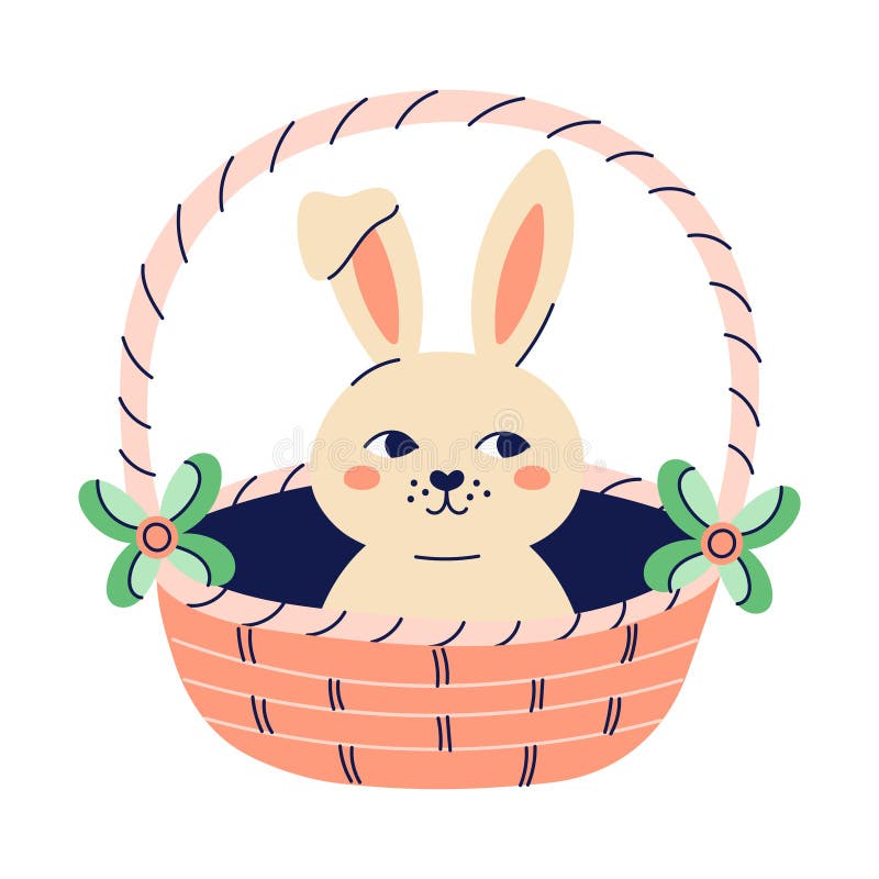 Cute Hare Sitting in Wicker Basket. Happy Easter Hand Drawn Card. Flat ...