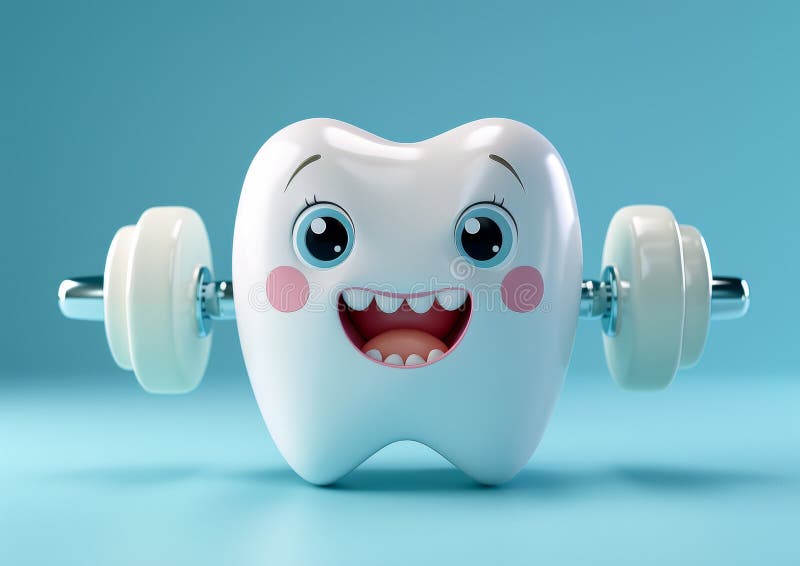 Cute Healthy White Tooth Character Lifting Heavy Dumbbell Stock Image ...