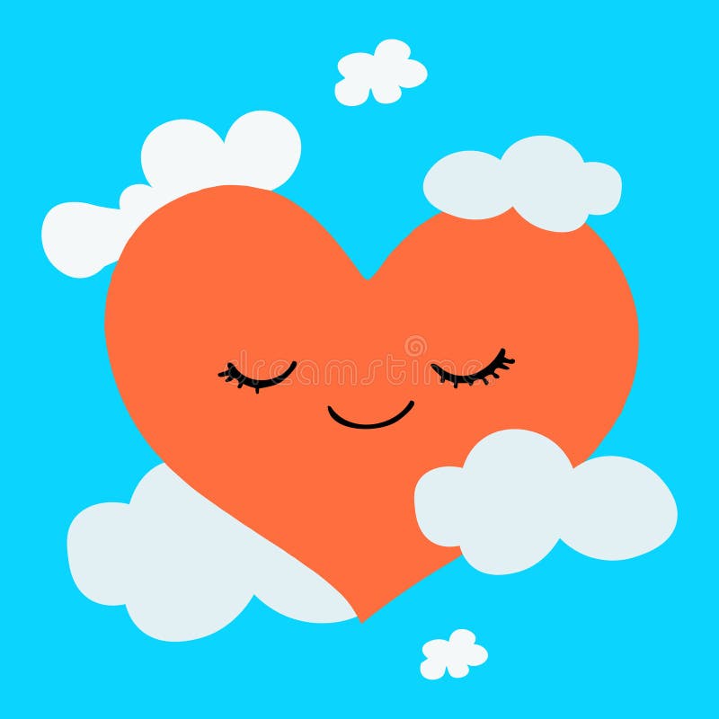 Cute Heart with Eyes and Clouds on Blue Background. Vector Illustration ...