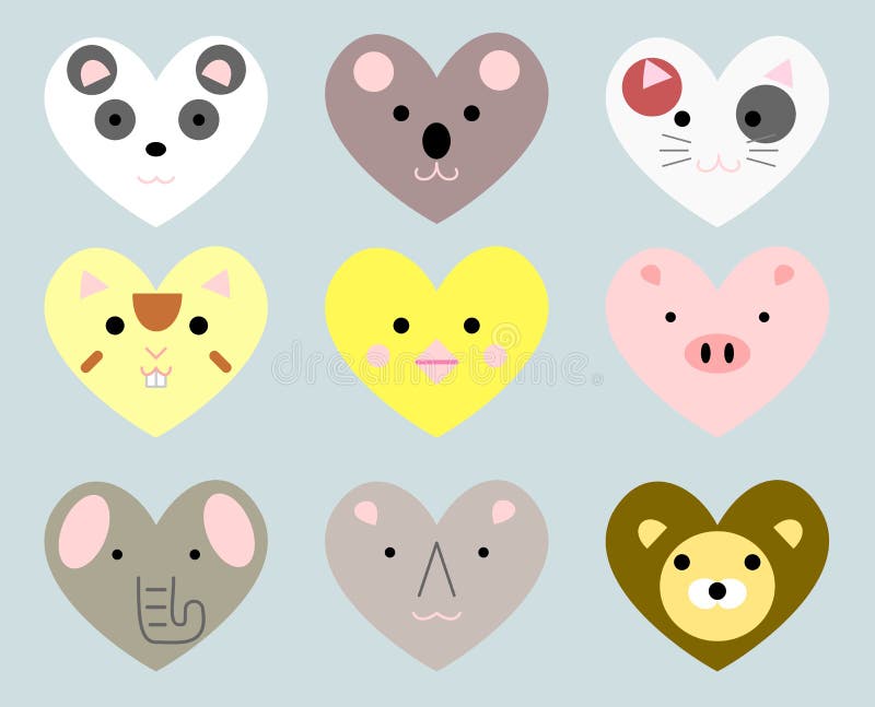 Cute Heart Shaped Animals Set Stock Vector - Illustration of lovely ...