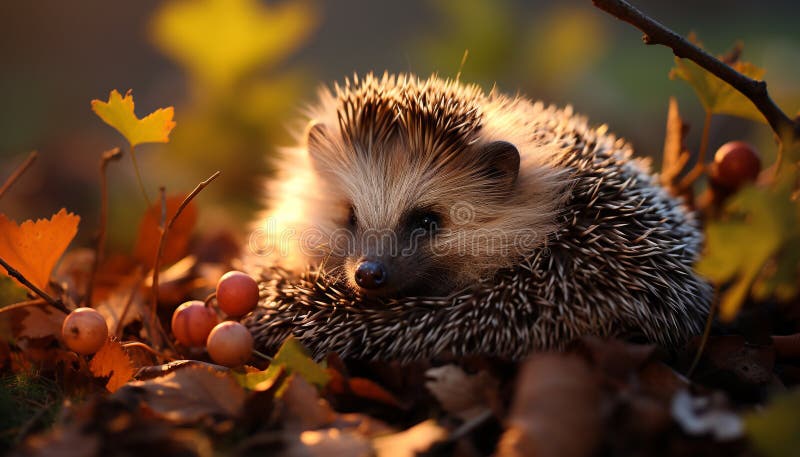 Cute Hedgehog in Autumn Forest, Looking at Fruit on Tree Generated by ...