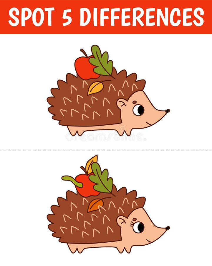 Cute Hedgehog in Cartoon Style. Find 5 Differences. Educational ...