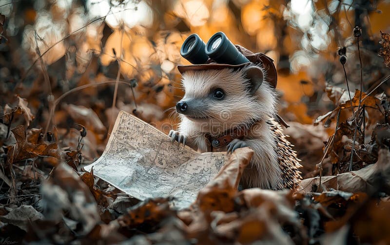 Cute Hedgehog Explorer with Binoculars Hat Reading a Map in a Forest ...