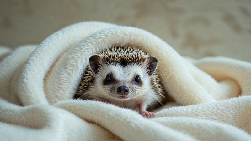 Cute Hedgehog Peeking Out from a Fluffy Blanket in a Cozy Indoor ...