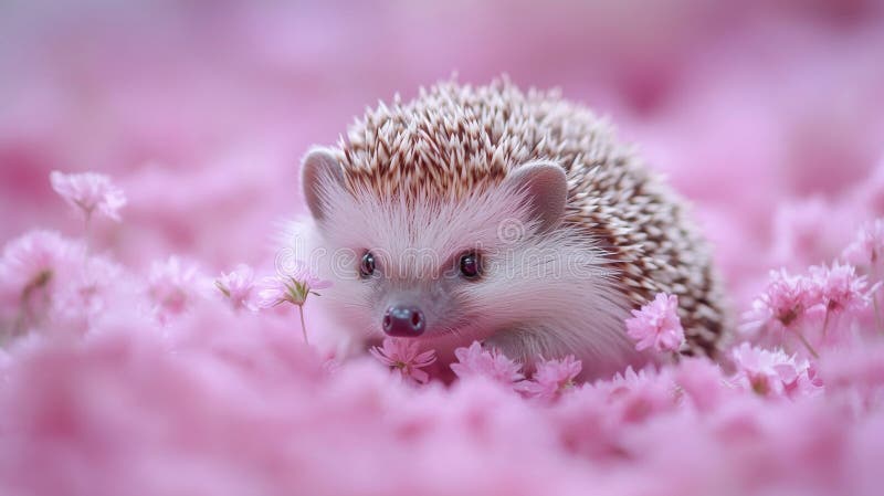 Cute Hedgehog among Pink Flowers Stock Illustration - Illustration of ...