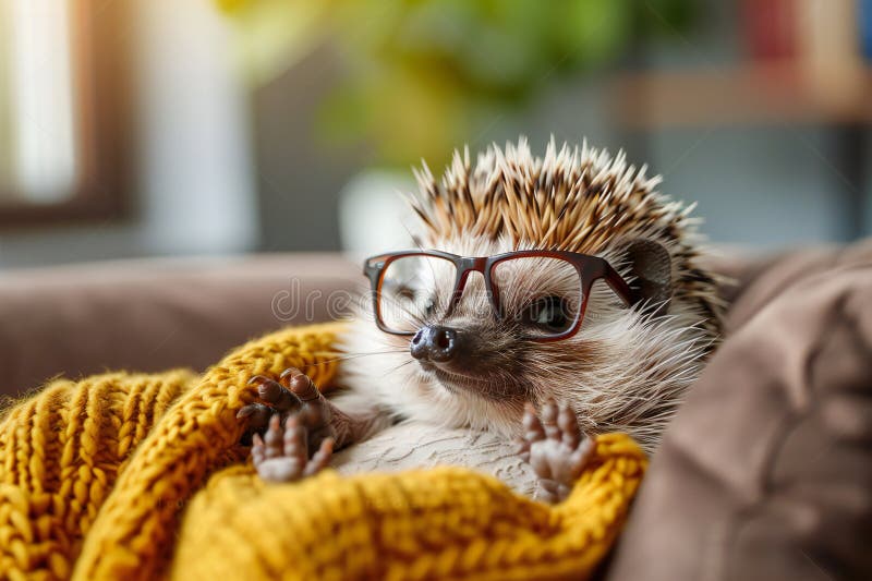 Cute Hedgehog with Round Glasses Sitting on Sofa Stock Image - Image of ...