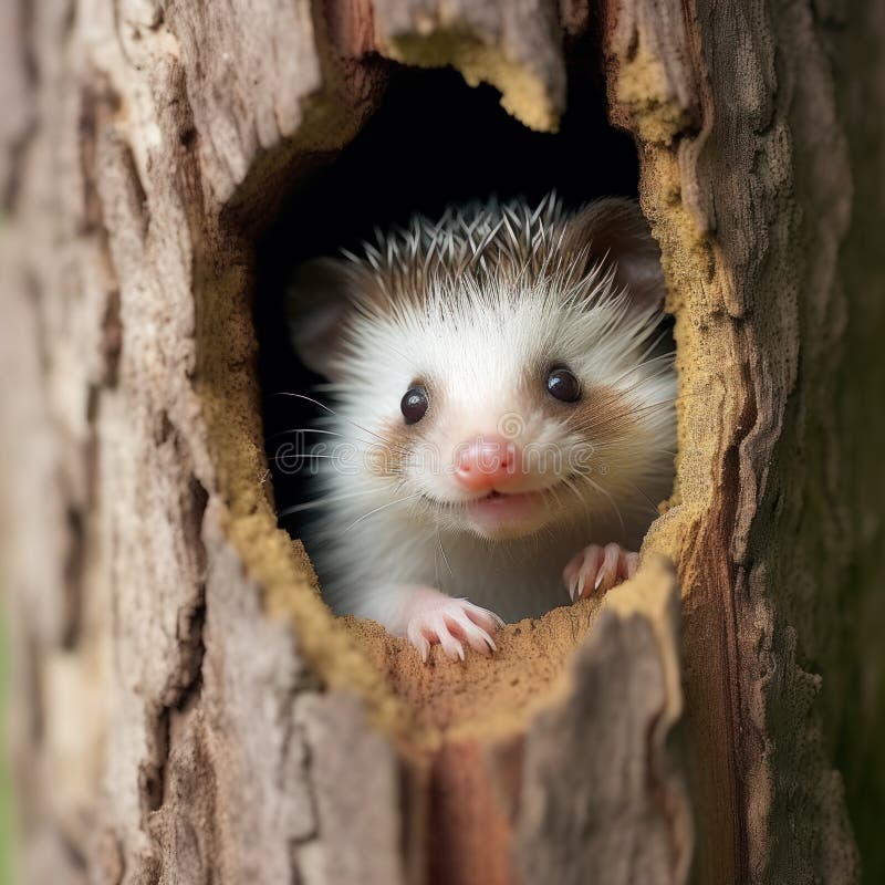 Cute Hedgehog Smiling from a Hole in a Tree Stock Illustration ...