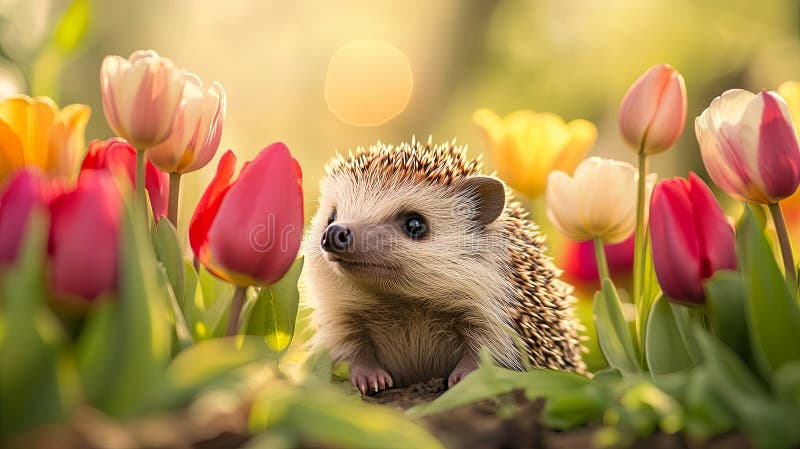 A Cute Hedgehog Surrounded by Colorful Tulips, with a Soft Spring Stock ...