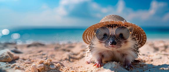 Cute Hedgehog Wearing a Sun Hat on the Beach Stock Illustration ...