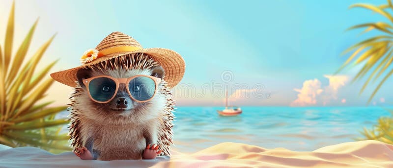 A Cute Hedgehog Wearing Sunglasses and a Hat on a Beach Stock ...