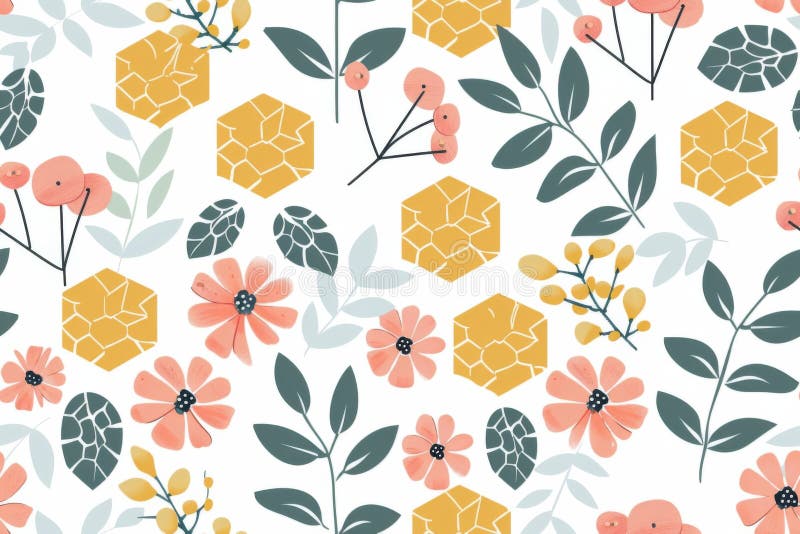 Cute Hexagon and Flower Pattern. Seamless Vector Repeat of Geometric Shapes and Organic Elements ...