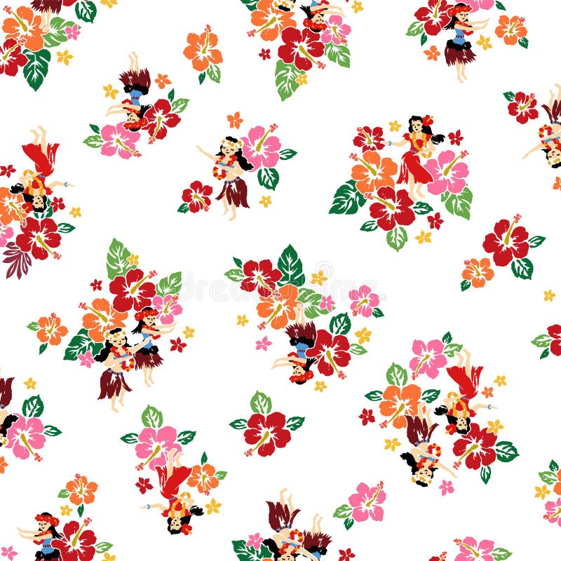 Cute Hibiscus and Hula Dancer Seamless Pattern, Stock Vector ...
