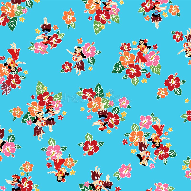 Cute Hibiscus and Hula Dancer Seamless Pattern, Stock Vector ...