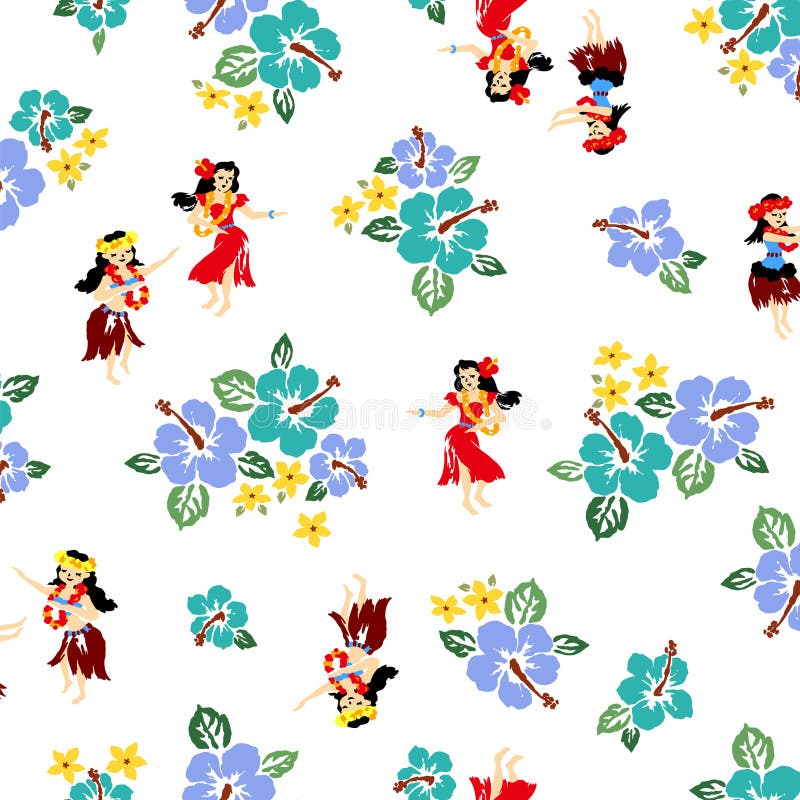 Cute Hibiscus and Hula Dancer Seamless Pattern, Stock Vector ...
