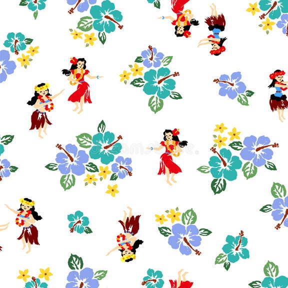 Cute Hibiscus and Hula Dancer Seamless Pattern, Stock Vector ...
