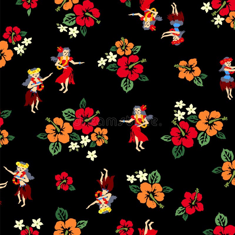 Cute Hibiscus and Hula Dancer Seamless Pattern, Stock Vector ...