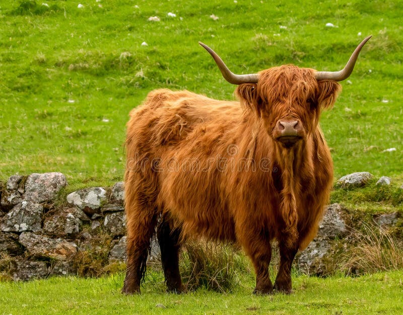 Cute Highland Breed Cow Standing in a Green Field Stock Photo - Image ...