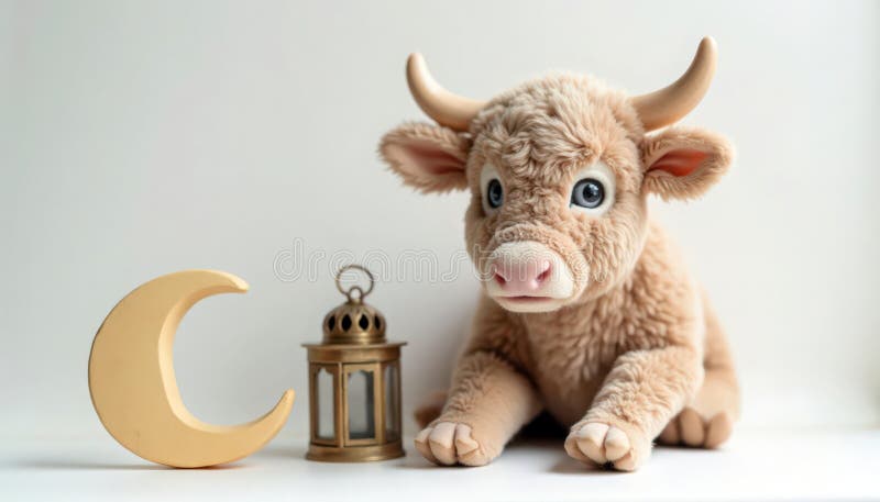 Cute Highland Calf Stuffed Animal with Moon and Lantern Stock ...
