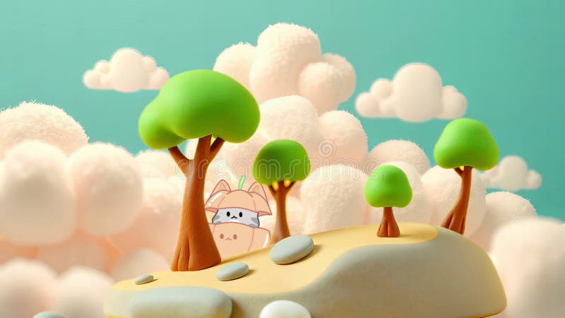 Sky Clouds with Cartoon Hill: Cute Cartoon with Tree Background Stock ...