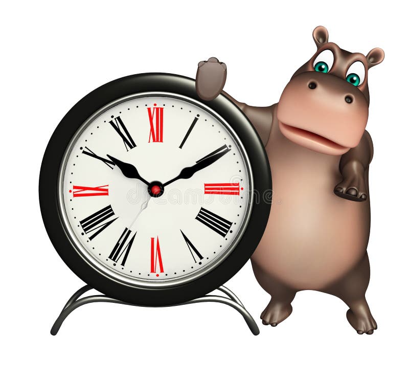 Cute Hippo Cartoon Character with Clock Stock Illustration ...