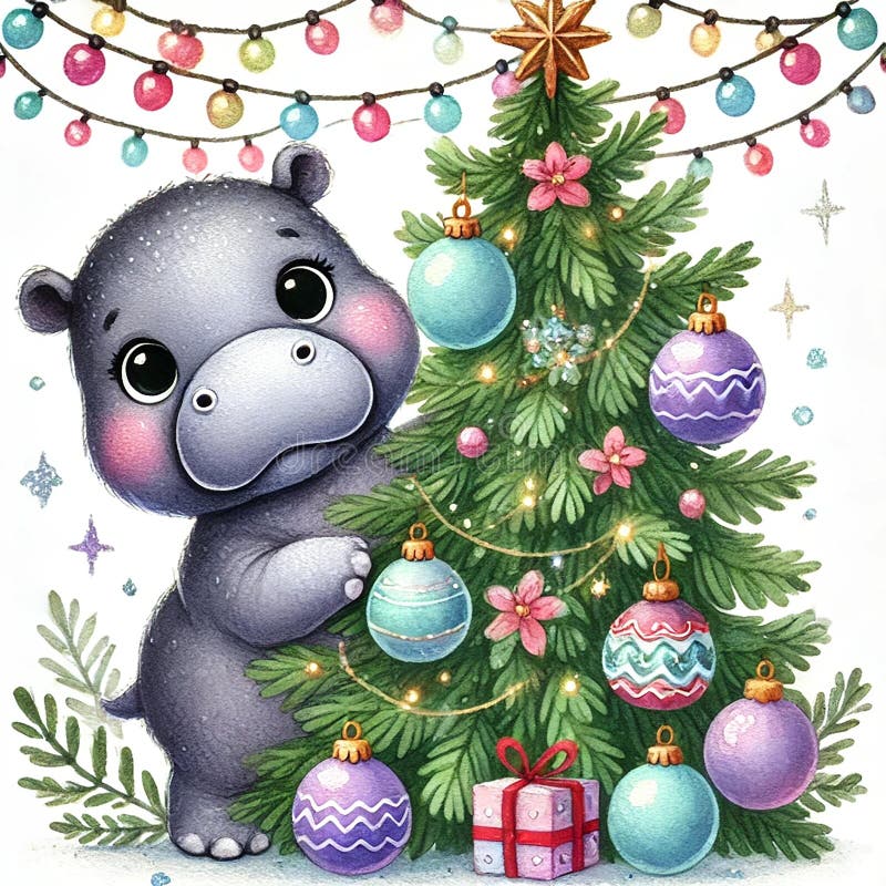 Cute Hippo Decorating a Christmas Tree with Colorful Ornaments Stock ...