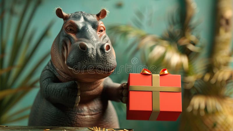 Cute Hippo Holding Birthday Gift . AI Generative Stock Illustration ...