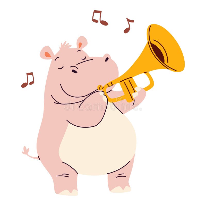 Cute Hippo Playing Trumpet, Flat Vector Illustration, Kids Style Stock ...
