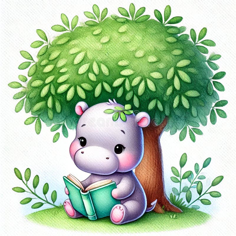 Cute Hippo Reading Under a Leafy Tree Stock Illustration - Illustration ...