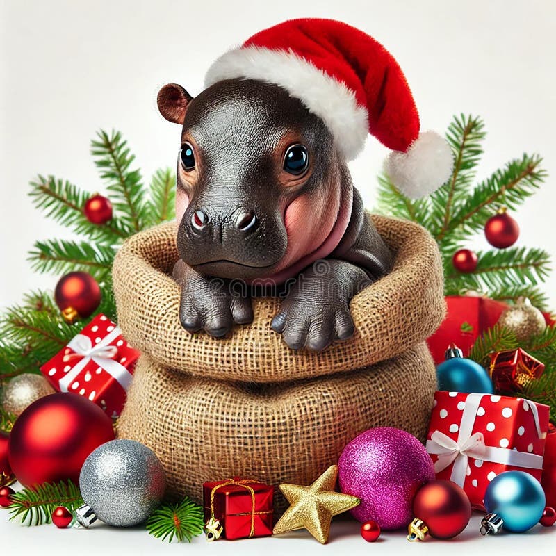 A Cute Hippo in a Santa Hat Surrounded by Festive Decorations and Gifts ...