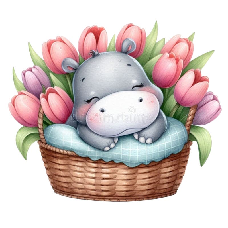 Cute Hippopotamus with Flower Clipart Watercolor Stock Vector ...
