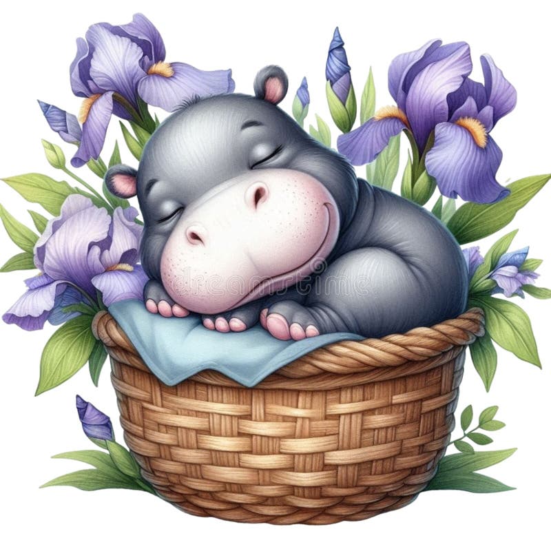 Cute Hippopotamus with Flower Clipart Watercolor Stock Vector ...
