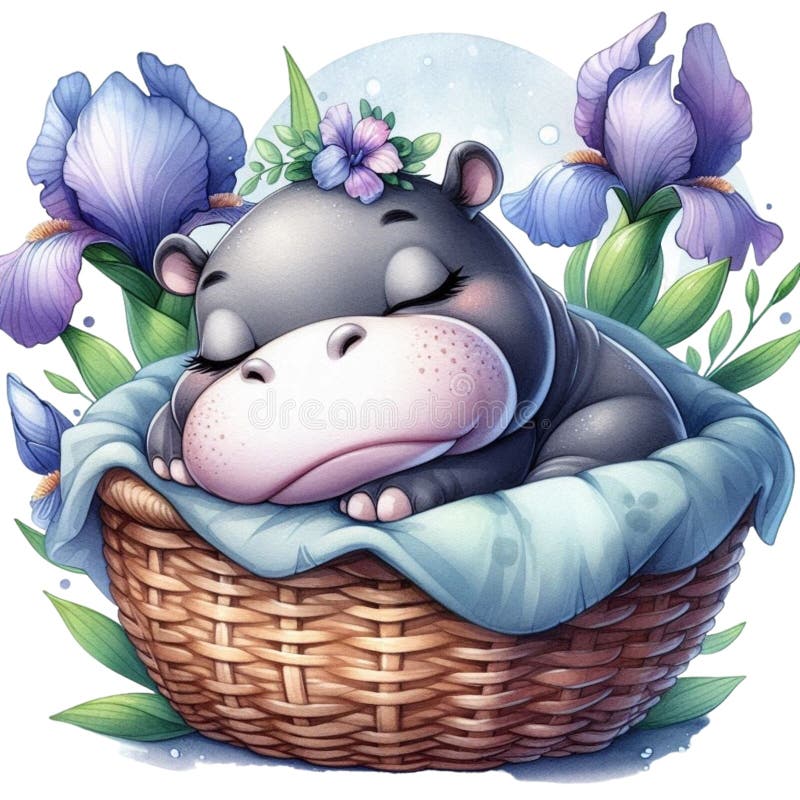 Cute Hippopotamus with Flower Clipart Watercolor Stock Vector ...