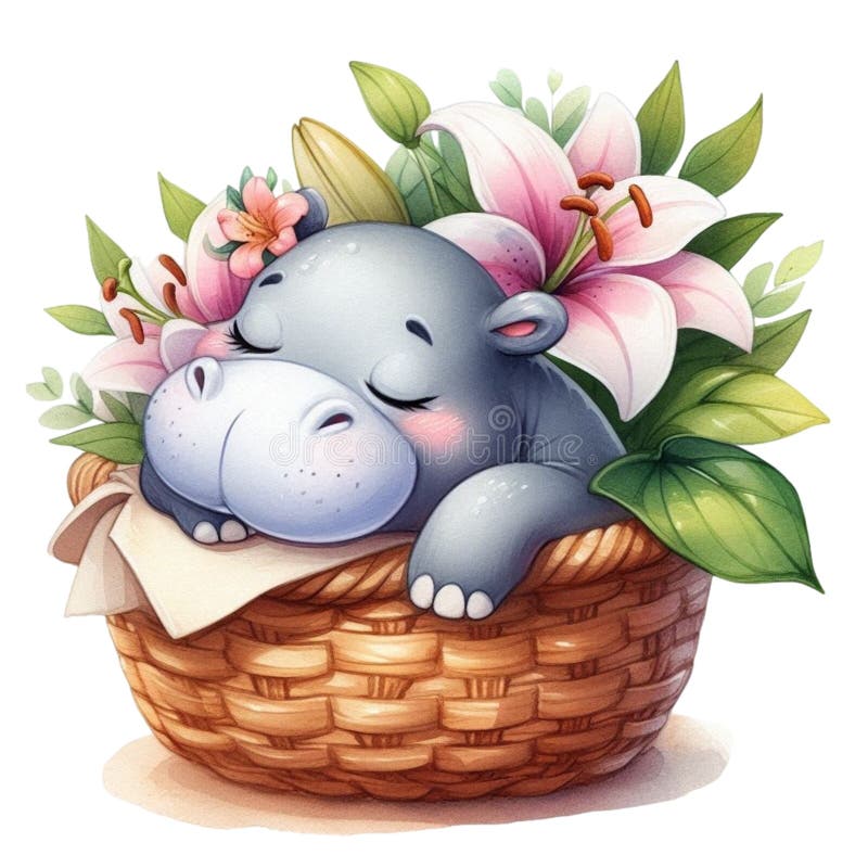 Cute Hippopotamus with Flower Clipart Watercolor Stock Vector ...