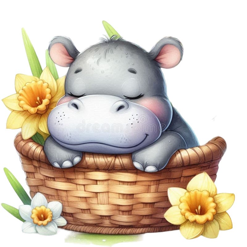 Cute Hippopotamus with Flower Clipart Watercolor Stock Vector ...