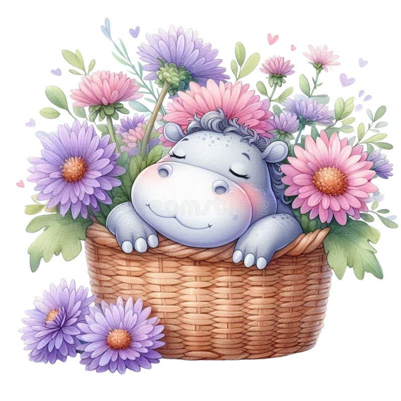 Cute Hippopotamus with Flower Clipart Watercolor Stock Vector ...