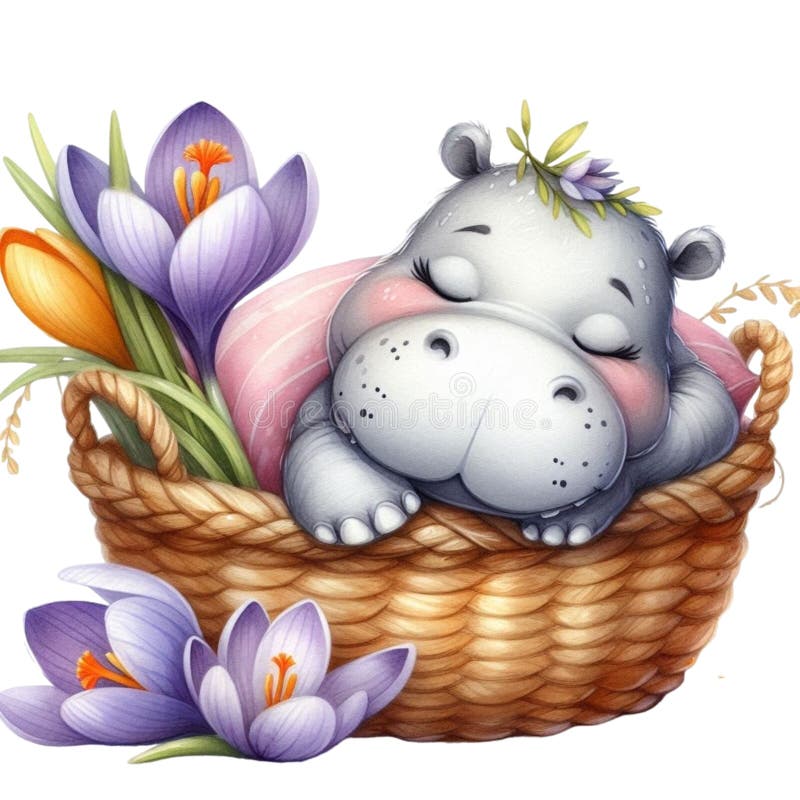 Cute Hippopotamus with Flower Clipart Watercolor Stock Vector ...