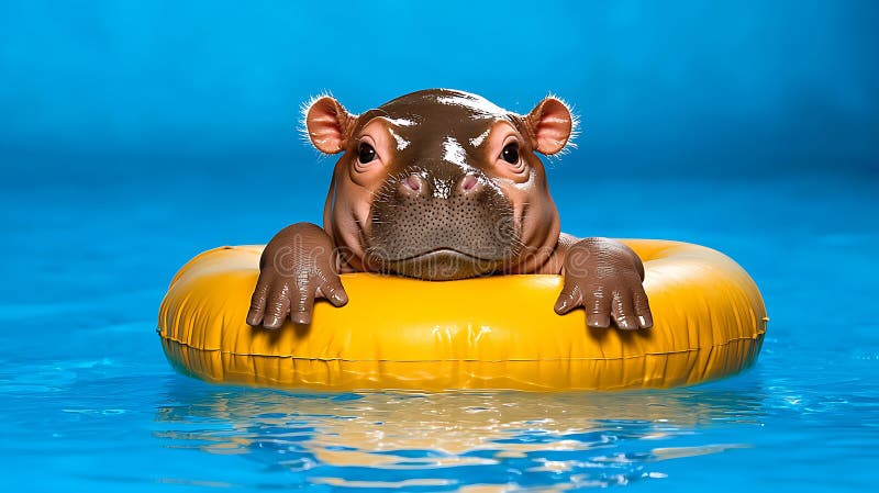 Cute Hippopotamus in Pool Floaty on Bright Blue Background Stock ...