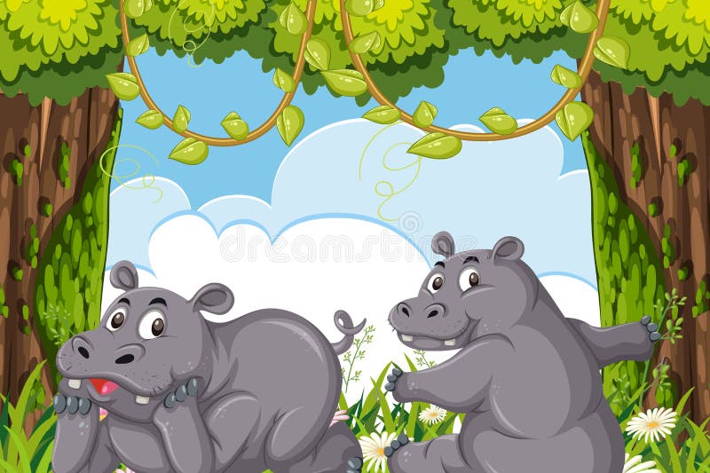 Cute Hippos in Nature Scene Stock Vector - Illustration of adorable ...