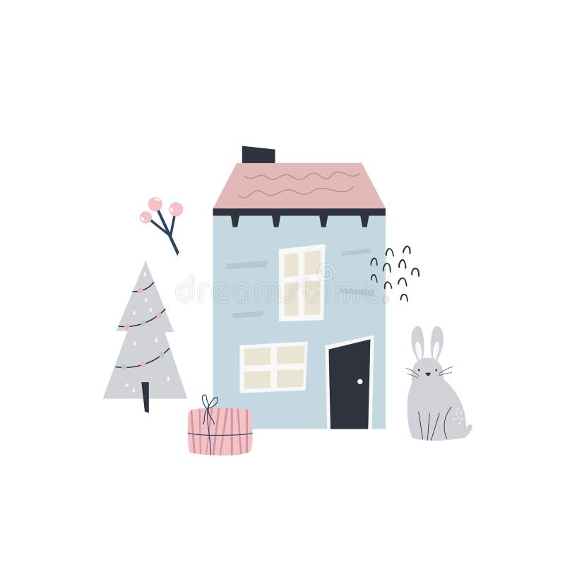 Cute Holiday Composition with Colorful House, Christmas Tree, Rabbit ...