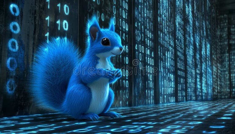 Cute Holographic Squirrel Explores a Digital Landscape of Binary Code Future of AI and ...